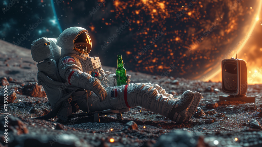 Astronaut in a space suit sits on the planet drinking beer and watching ...