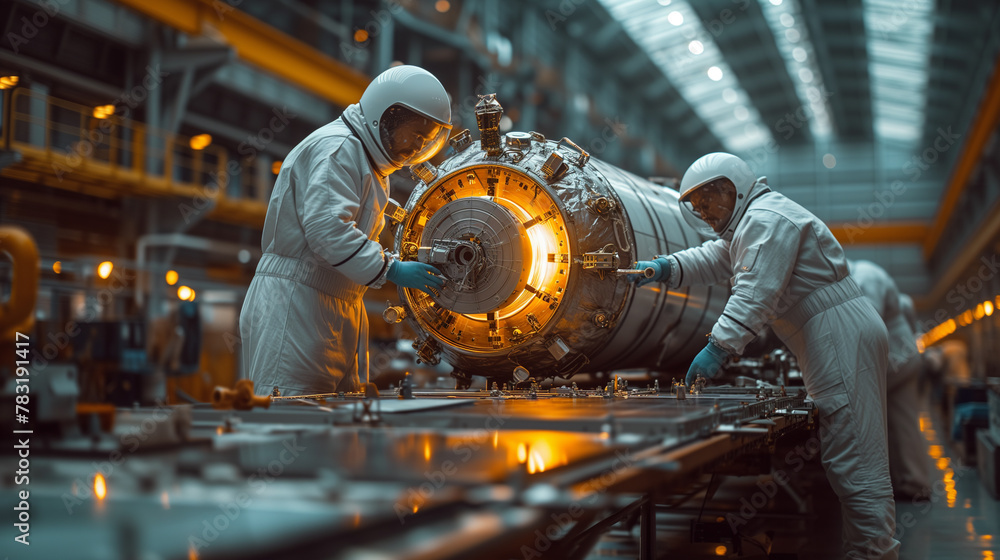 Team of Engineers Working on Satellite Construction. Aerospace Agency ...