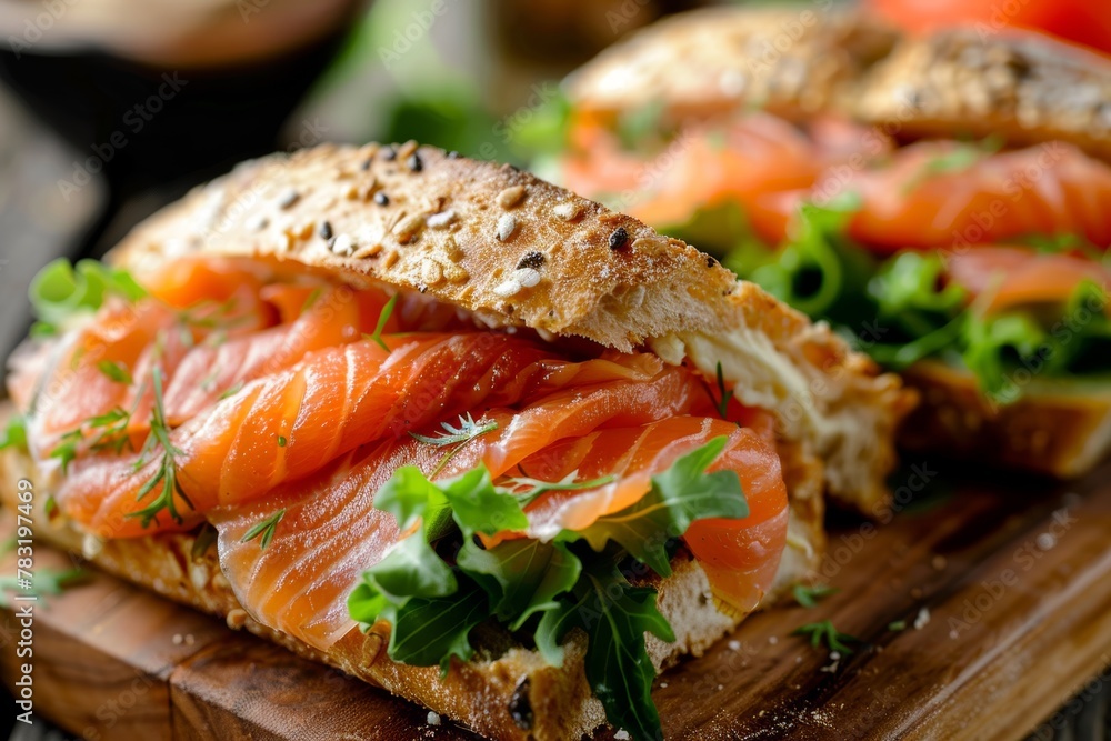 Delicious fresh fish sandwich - salmon or trout with butter close-up ...