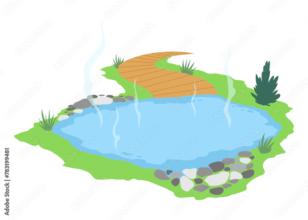 Japanese outdoor onsen pool with hot spring water illustration. Cartoon ...