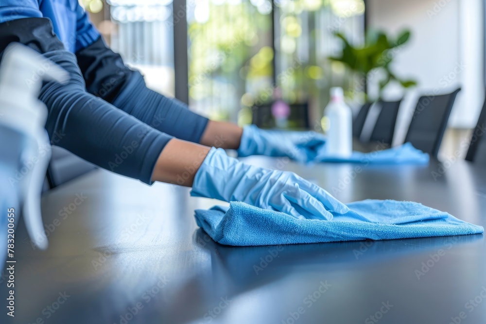Cleaning staff using disinfectant to maintain office cleanliness and ...