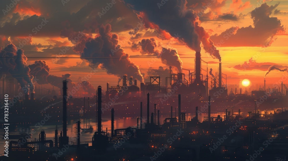 Dystopian industrial city breathing smog at dusk - Striking image of ...