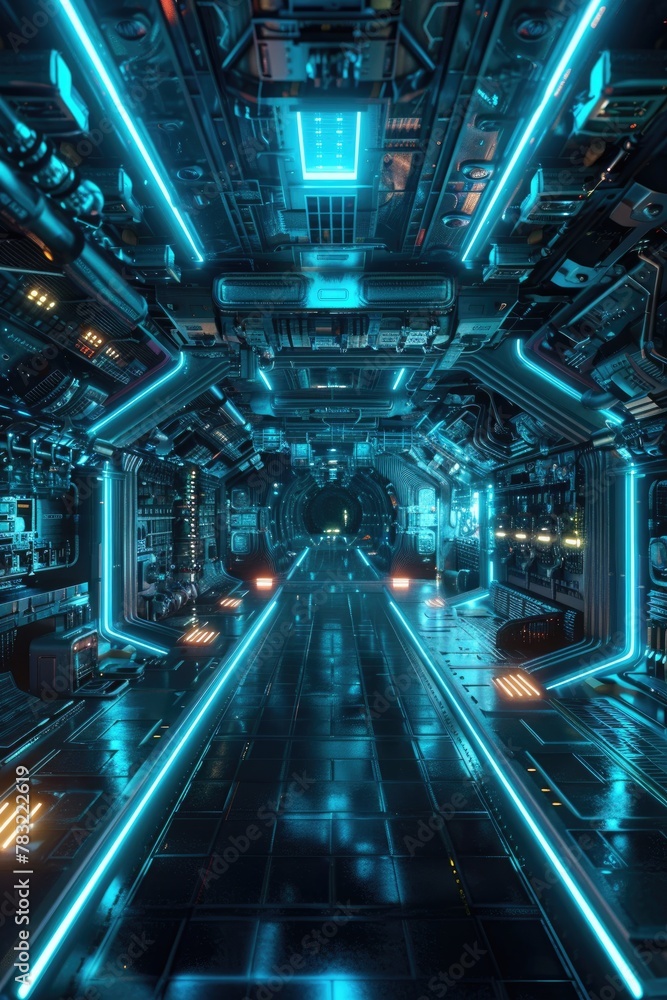 A high-tech quantum engine room aboard a spaceship, glowing with the ...