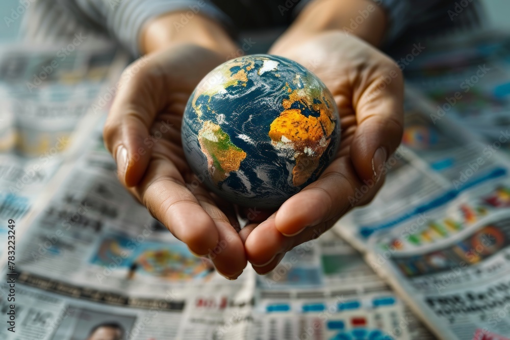 Symbolic representation of global economics with hands holding small ...