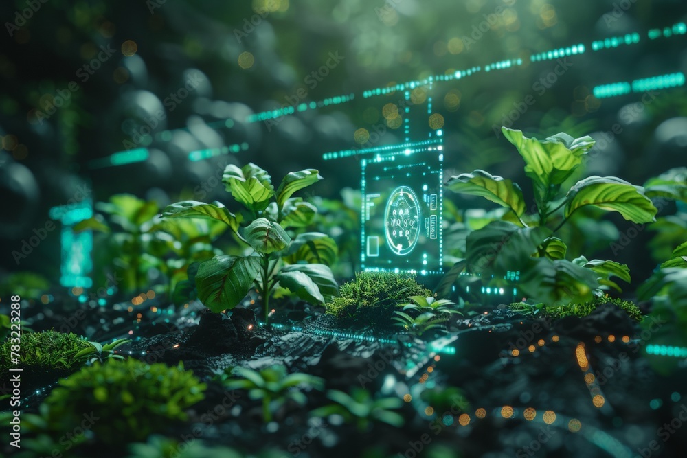 Showcases futuristic AI interfaces integrated within sustainable tech ...