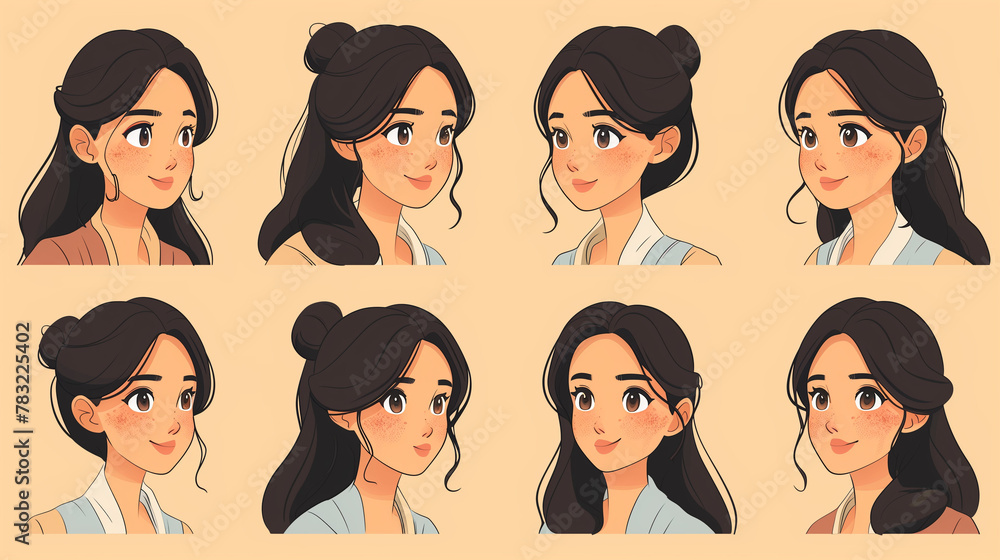 Character design progression showing facial expressions of a female ...