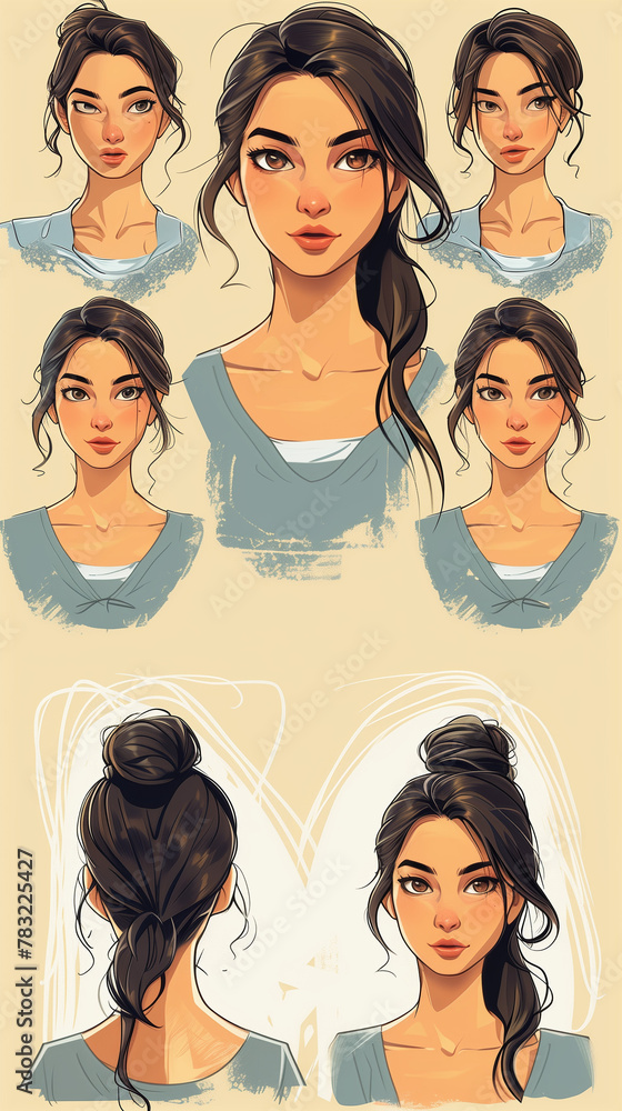 Character design progression showing facial expressions of a female ...