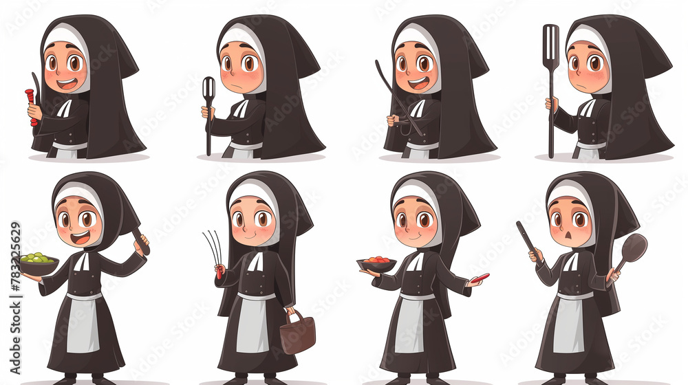 Character design of a nun in various poses with cooking utensils, from ...