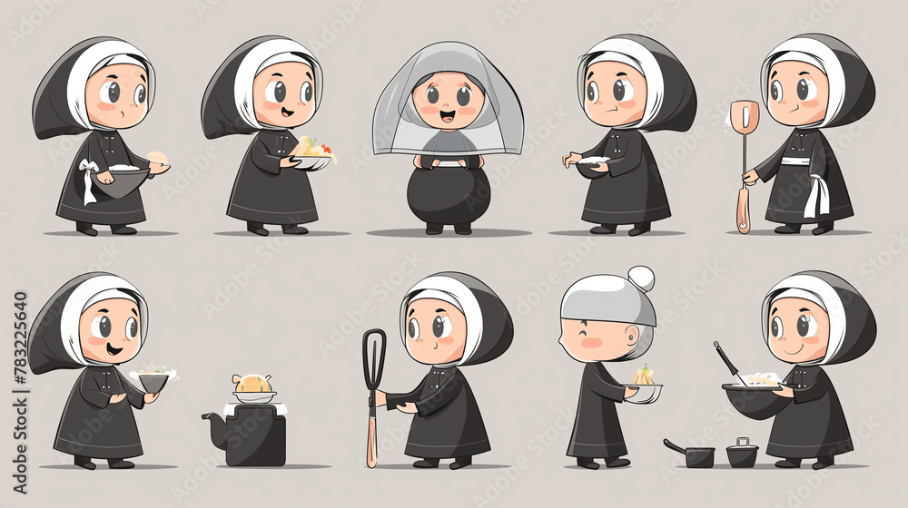 Character design of a nun in various poses with cooking utensils, from ...