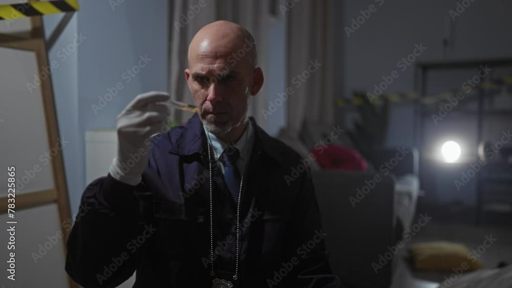 Detective examines evidence at crime scene, lighting a forensic house ...