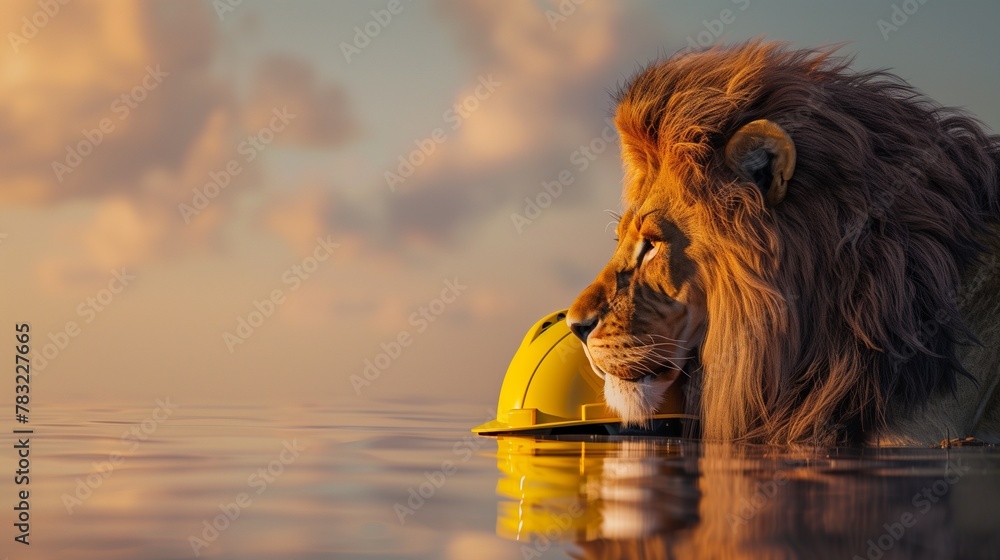 In the soft, ethereal light of dawn, a majestic lion dons a vibrant ...