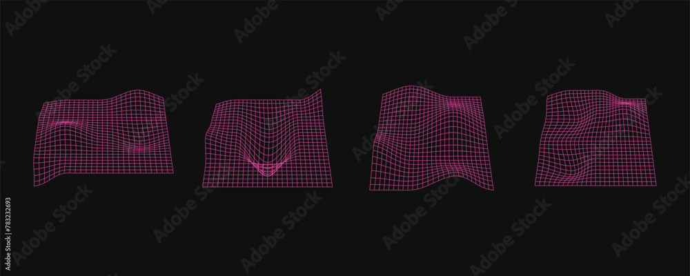 Set of vector retro futuristic distorted acid pink design grids ...