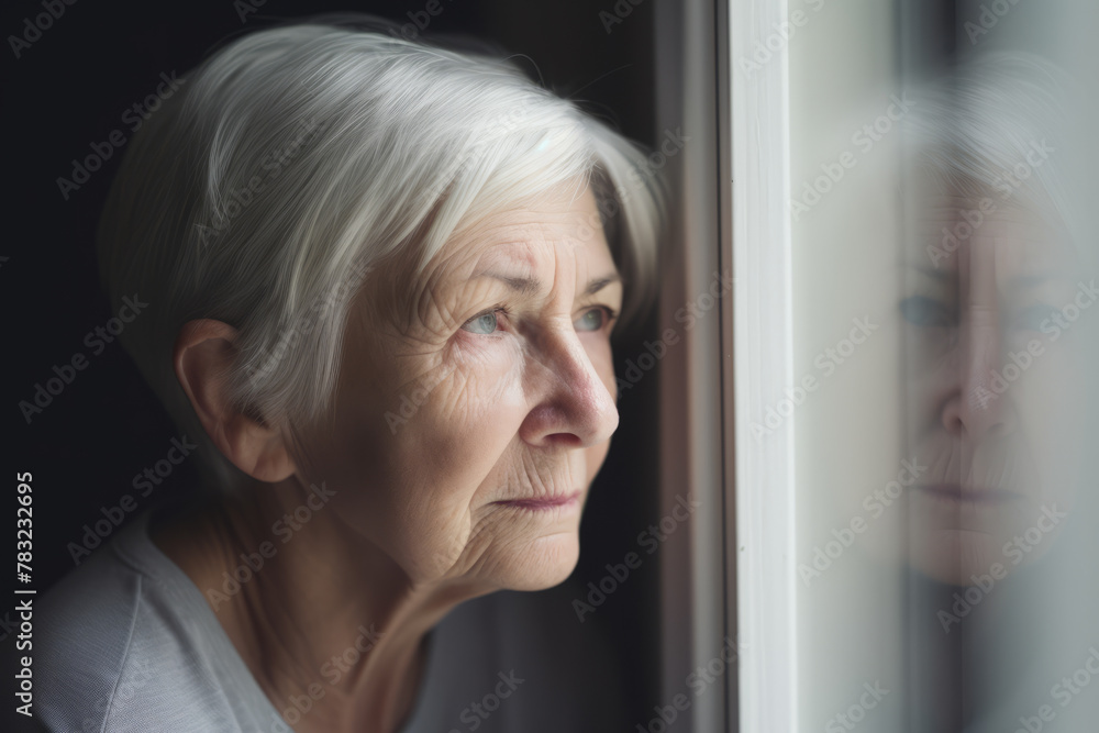 Depressed old lady at home feeling alone. Elderly woman looks sadly ...