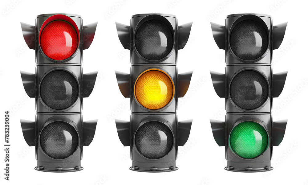Trio of vertical traffic lights displaying red, yellow, and green ...