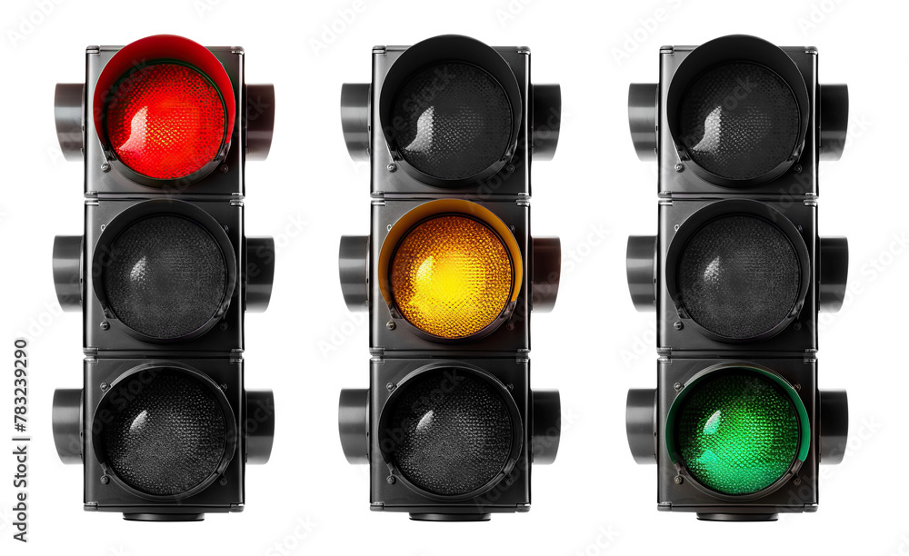Trio of vertical traffic lights displaying red, yellow, and green ...