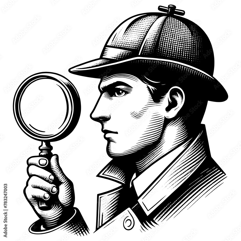 detective man in hat examining through magnifying glass of ...