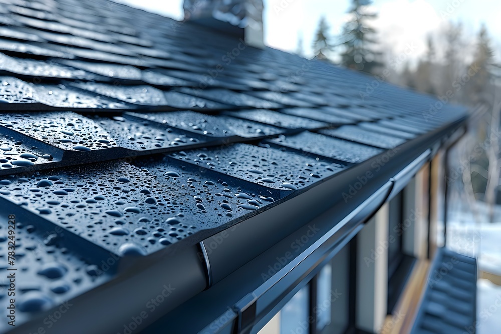 Raindrops on Gutter and Tiled Roof - Suburban Serenity. Concept Rain ...