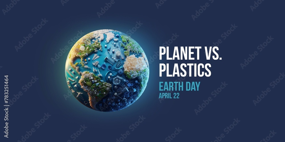 Planet vs. Plastics , Earth day 2024 concept. 3d globe earth made by plastics bottle and other ...