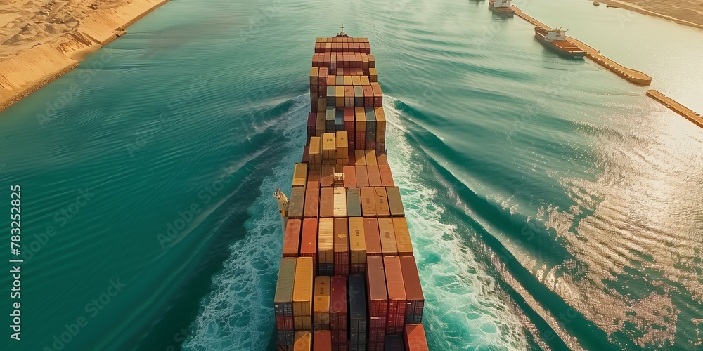 A photo taken by a drone top down of a cargo container vessel moving ...
