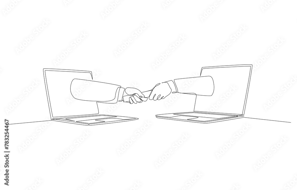 Continuous one line drawing of hands coming out of laptop screen to ...