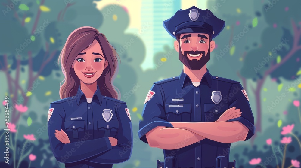 Couple of Police Officers Standing with Arms Crossed vector Cartoon ...