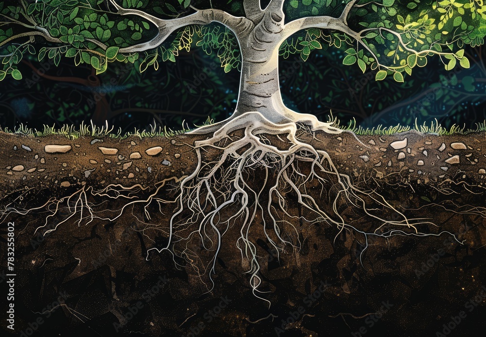 This detailed illustration provides a look at a tree's root structure ...