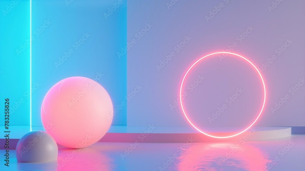3D render of an abstract background with geometric shapes and neon ...