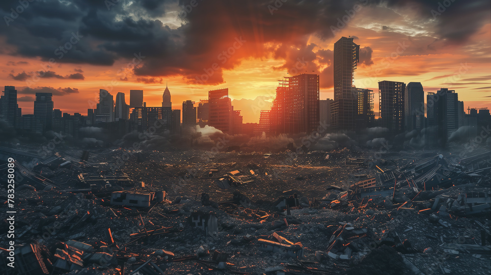 world after the apocalypse, destroyed city with skyscrapers, dark ...