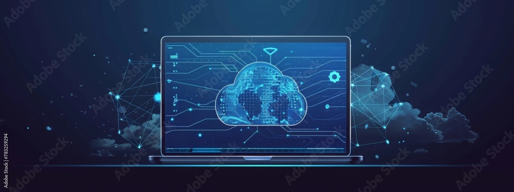 Futuristic Cloud Computing and Network Interface on Laptop Screen. A ...