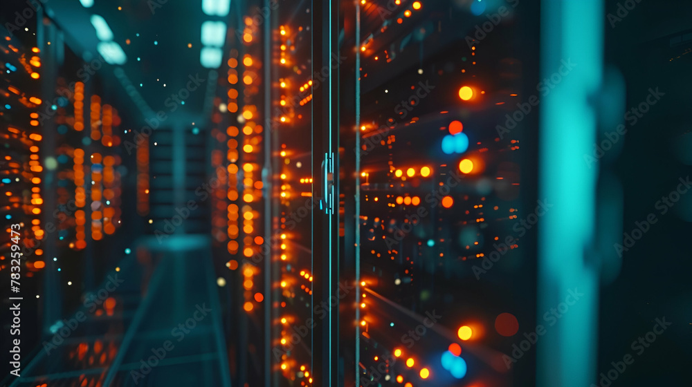 High-Performance Computing server rack in a university lab, dark ...