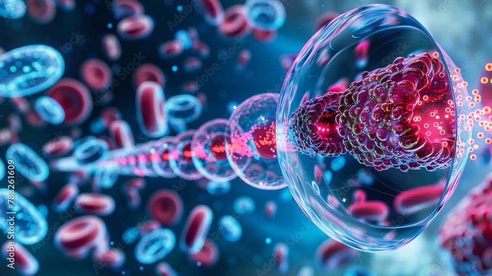 Closeup Abstract red cells showing nanoscale drug delivery systems in ...