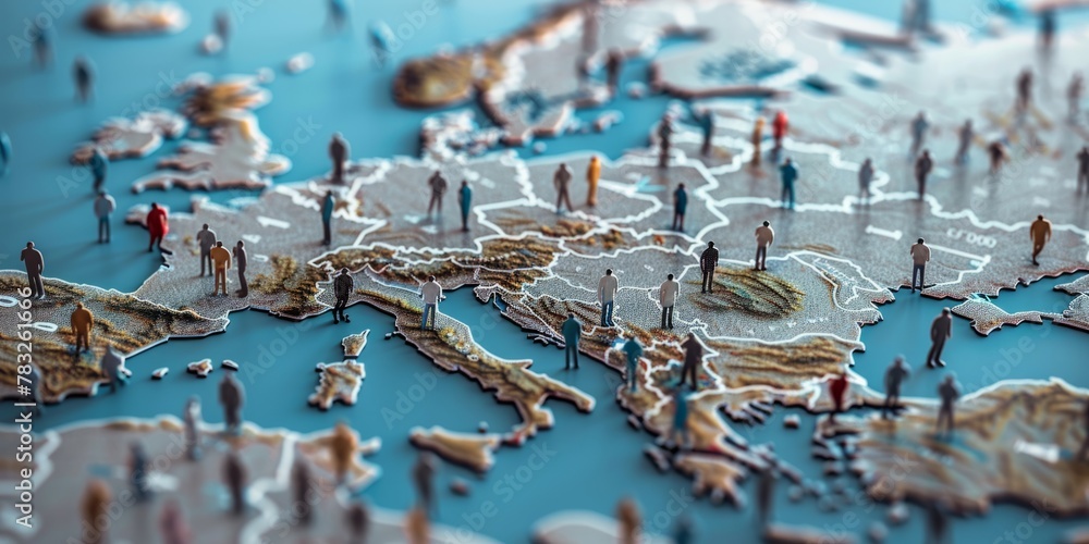 map of Europe with many small people standing on it, grey background ...