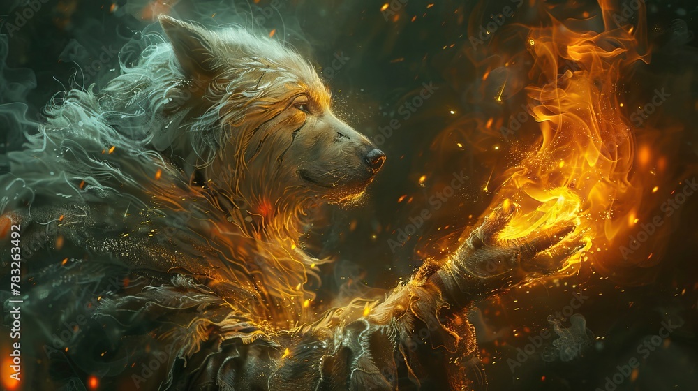 A white wolf with glowing yellow eyes is conjuring a ball of fire in ...