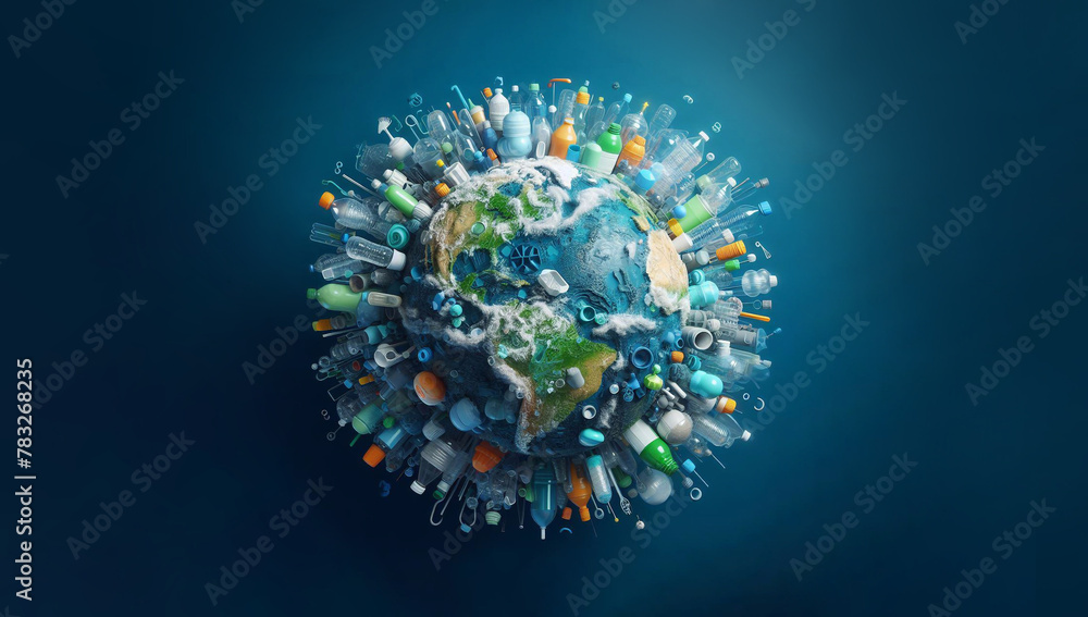 Planet vs. Plastics , Earth day 2024 concept. 3d globe earth made by plastics bottle and other ...