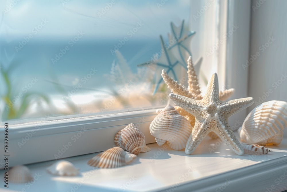 Seashells and starfish displayed on a window sill. Perfect for coastal ...
