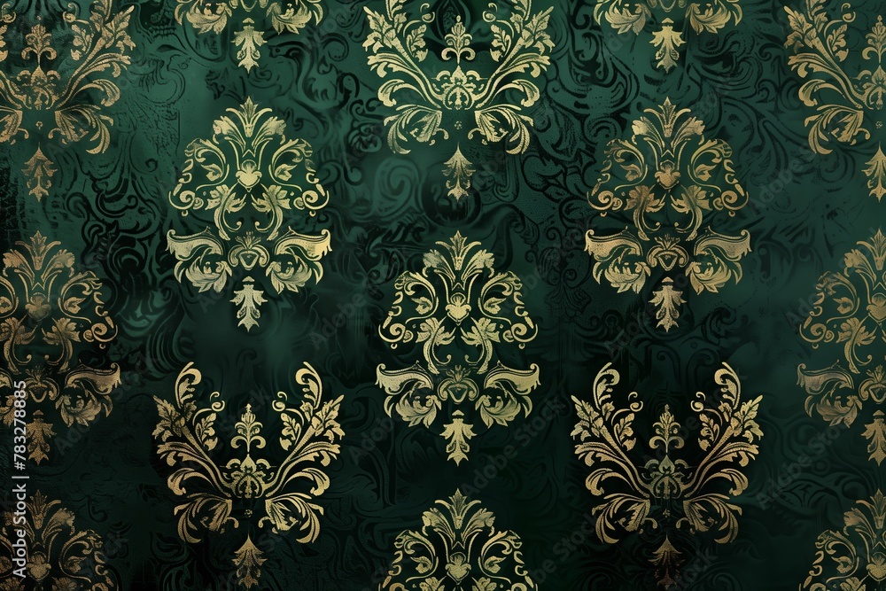 An exquisite emerald green wallpaper adorned with gold damask patterns ...