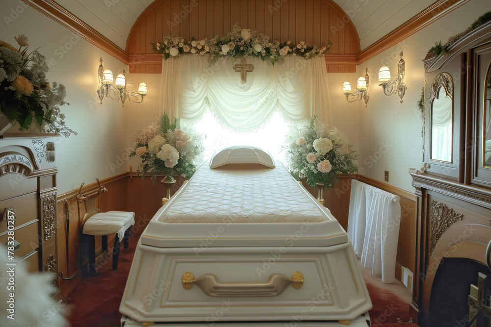 At funeral ceremony service, coffin containing body of deceased is ...