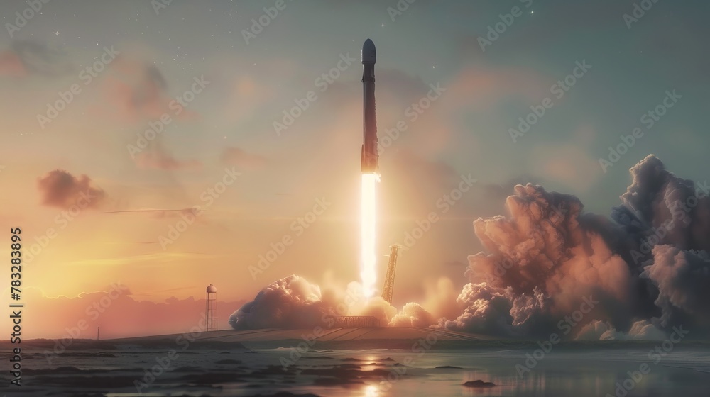 A detailed painting capturing the powerful ascent of a rocket launching ...