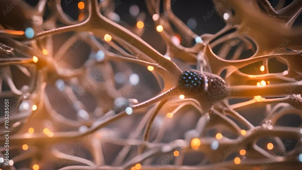 Close-up view of a gold neural network structure with interconnected ...