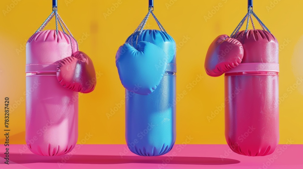 Boxing gloves and punching bags in a bold color palette 3D style ...