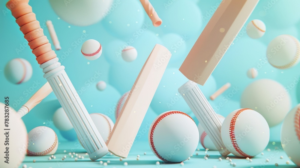 Cricket bats and balls in a futuristic style 3D style isolated flying ...