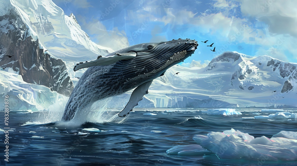 A powerful humpback whale from Antarctica is captured in mid-air as it ...