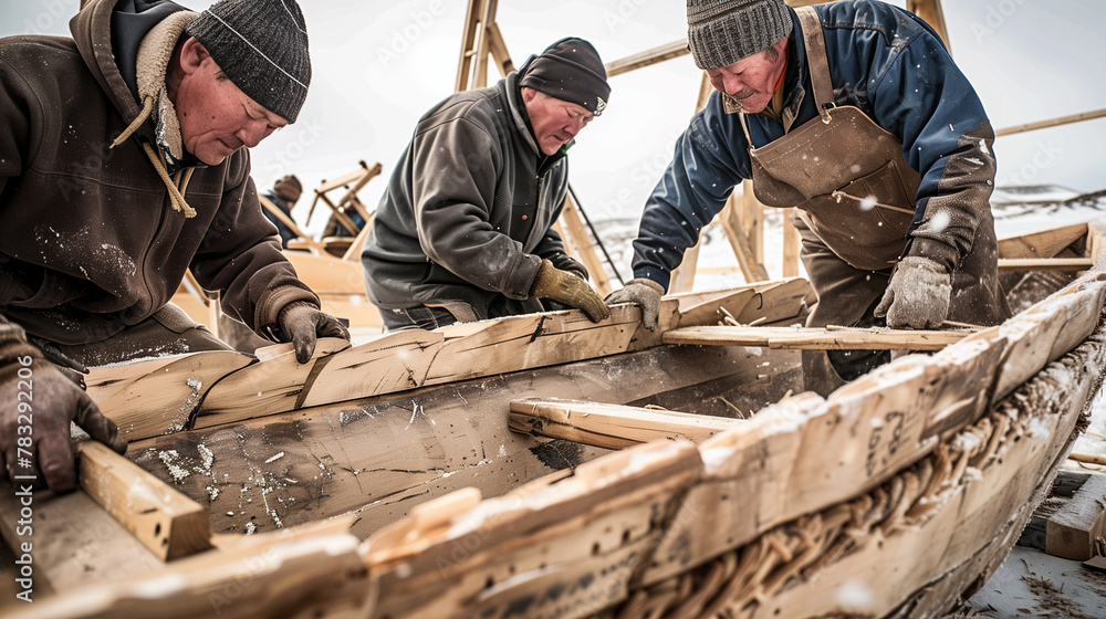 Construction of an Inuit qamutiik sled with skilled craftsmen shaping ...