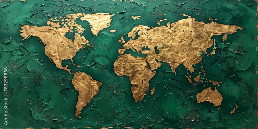 Textured Gold World Map on Emerald Green Background - Geographical ...