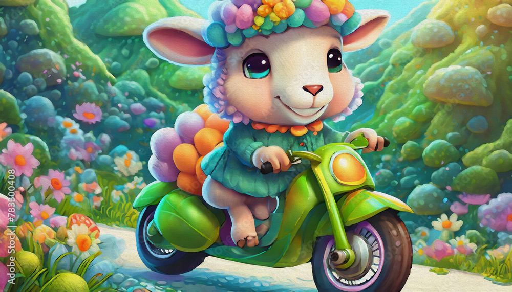 oil painting style CARTOON CHARACTER CUTE baby sheep ride Stylish green ...