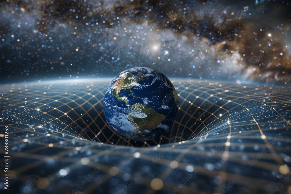 Artistic concept of Earth influencing a gravity grid, showcasing the ...