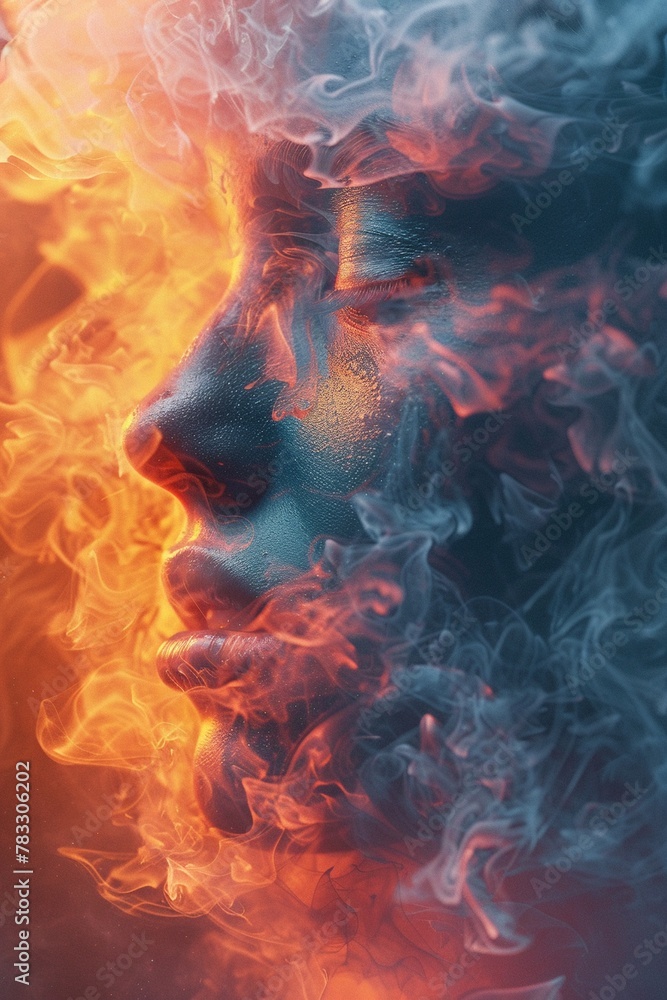 Corroding face vanishing within an explosion of chromatic vapor ...
