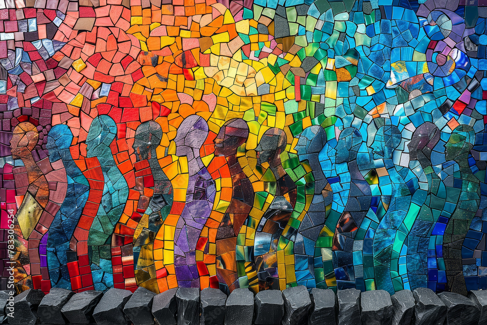 A colorful mosaic depicting scenes from different cultures and ...