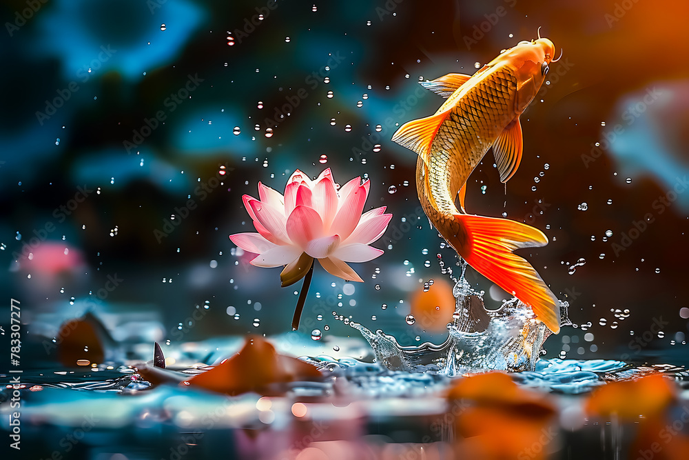 Poisson rouge sautant hors de l'eau à coté d'un nénuphar Stock Photo ...