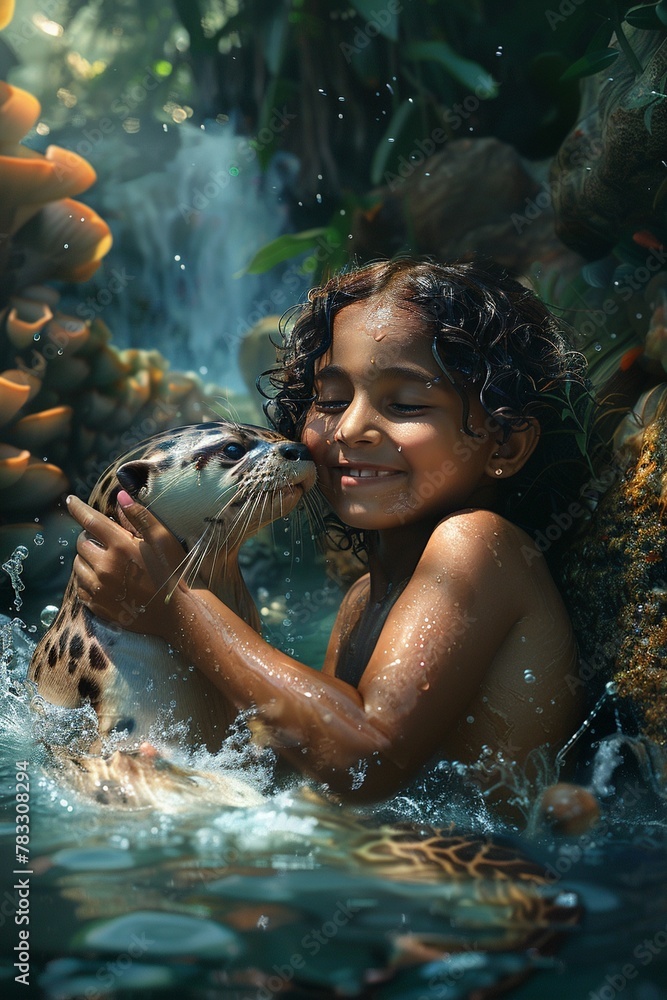 Envision a cheerful Garifuna child marveling at the beauty of a vibrant ...